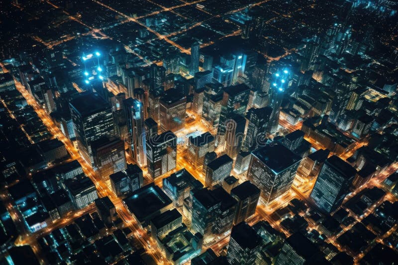 Aerial View of a High-tech City Grid at Night Stock Illustration ...