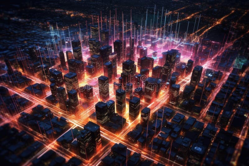 Aerial View of a High-tech City Grid at Night Stock Illustration ...