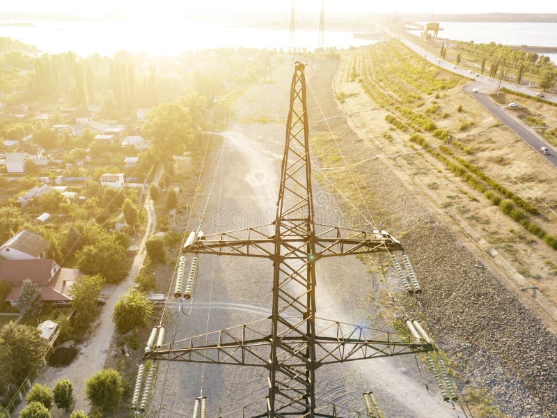 Aerial View of High Voltage Electric Power Lines Pylon Tower D Stock ...