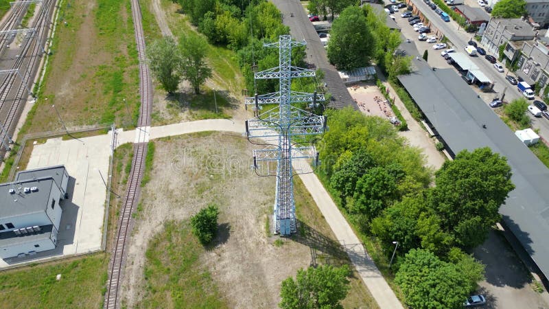 Aerial View of the High Voltage Power Lines and High Voltage Electric ...