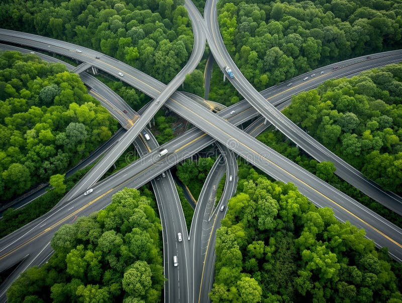 Aerial View of Highway Interchange Amidst Lush Green Forest Stock Image ...