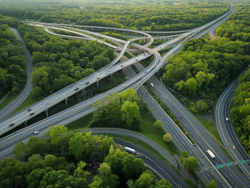 Aerial View of Highway Interchange in Lush Green Forest Stock Image ...