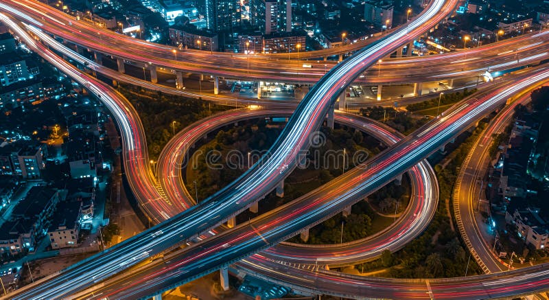 Aerial View of Highway Interchange at Night with Car Light Trails Stock ...