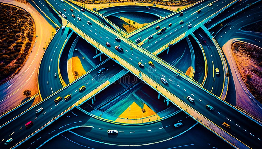 An Aerial View of Highway Intersection with Multiple Lanes. Generative ...