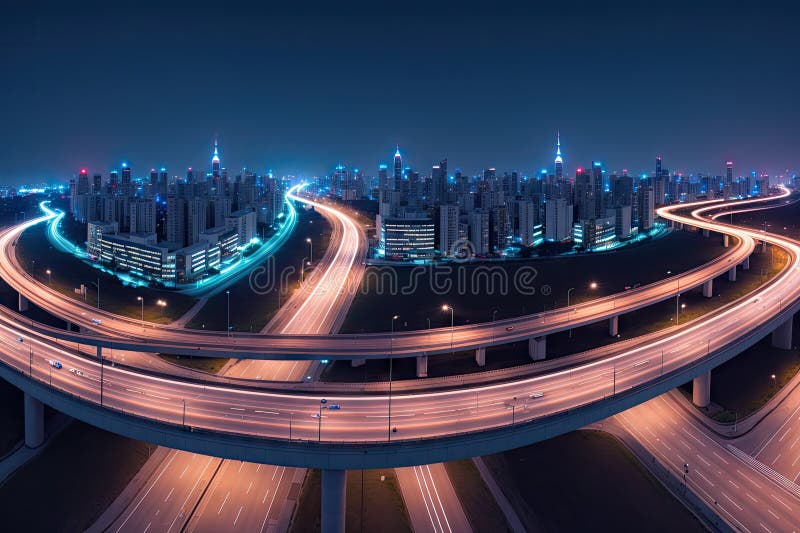 An Aerial View of a Highway Intersection at Night, Generative Ai Stock ...