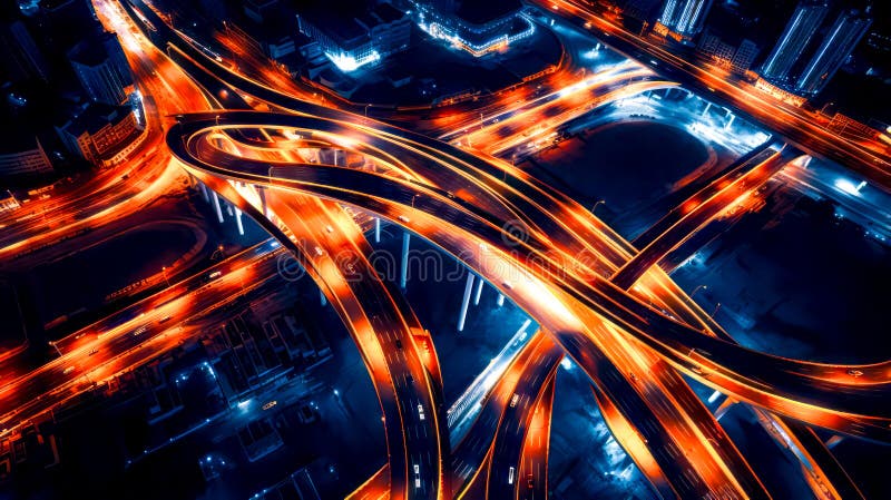 Aerial View of Highway Intersection at Night with Many Lights on it ...