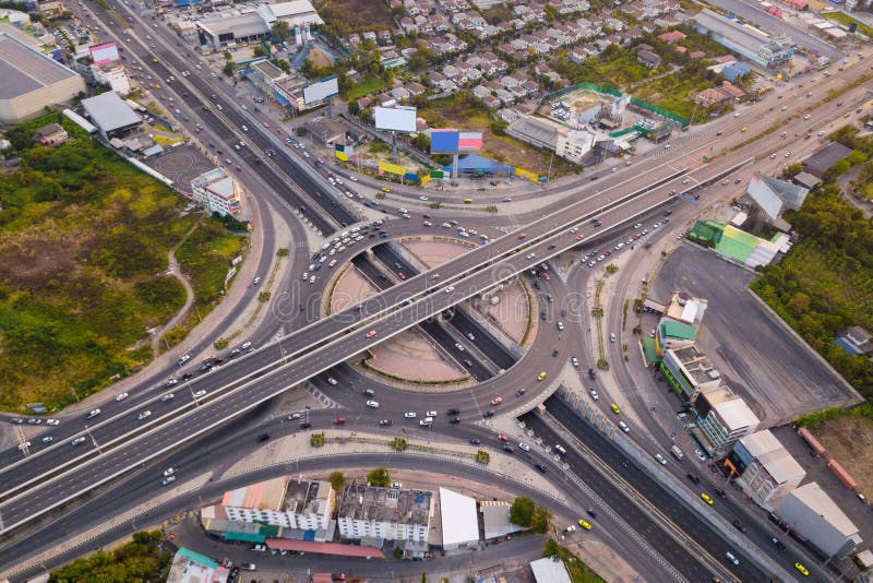 Aerial View of Highway Junctions with Roundabout. Bridge Roads Shape ...