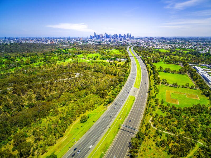 Aerial View of Highway and Melbourne City Skyline. Stock Image - Image ...