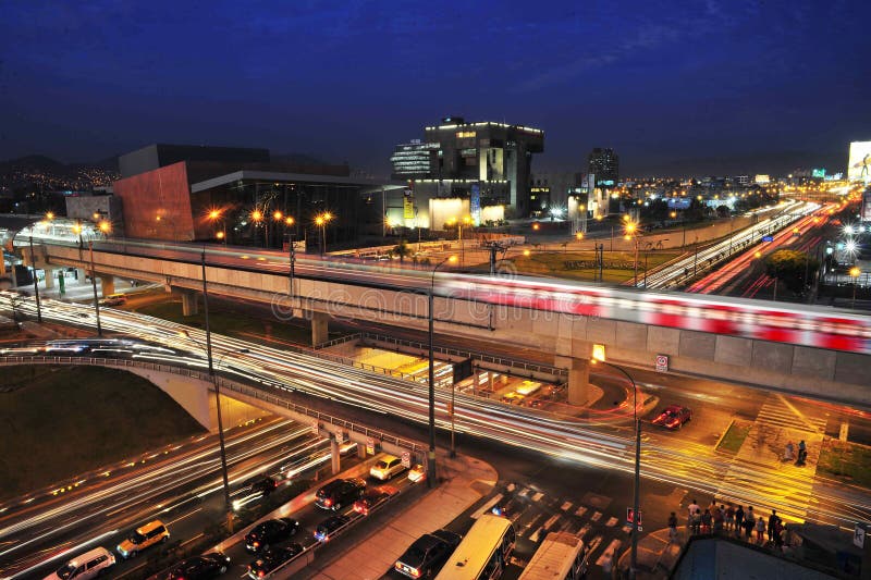 View of Highway at Night with Train Crossing at Night Lima Peru Stock ...