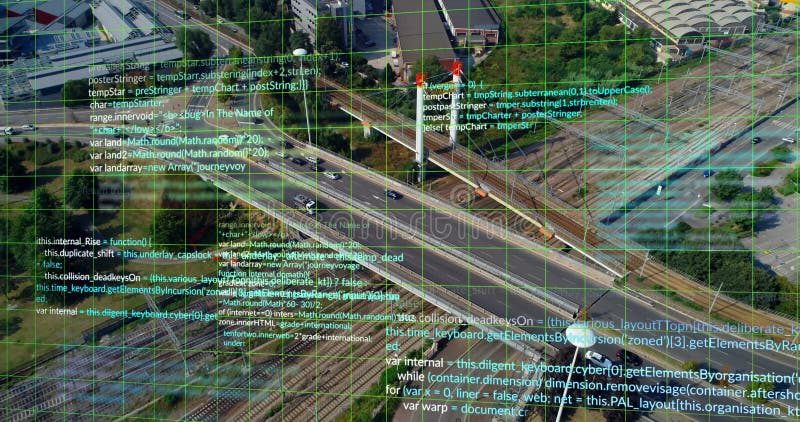 Aerial View Of Highway And Railway With Programming Code Overlay Animation Stock Video Video