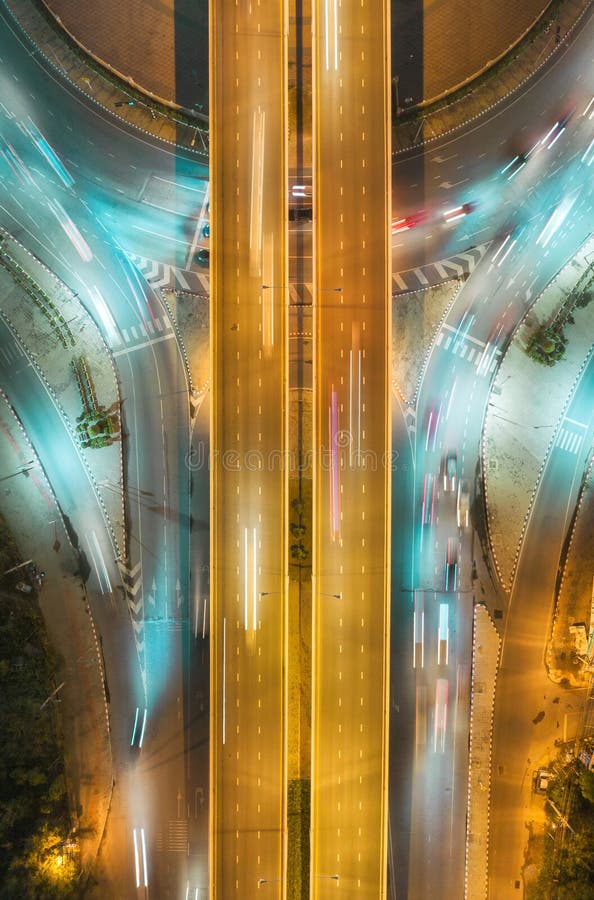 Aerial View Highway Road Intersection at Night for Transportation ...
