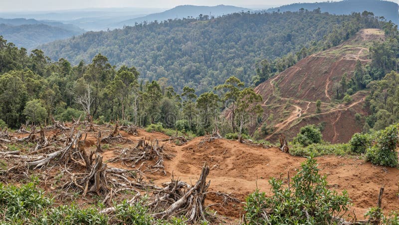 Aerial View of Hillside Deforestation with Terraced Cut Stumps Leading ...