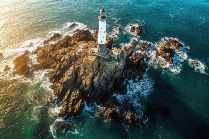 Aerial View of a Historic Lighthouse on a Rocky Coastline Stock ...