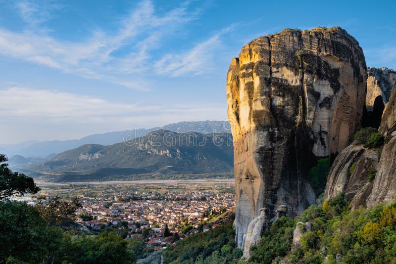 Aerial View of the Historic Meteora Rocks and a View of Kalampaka Stock ...