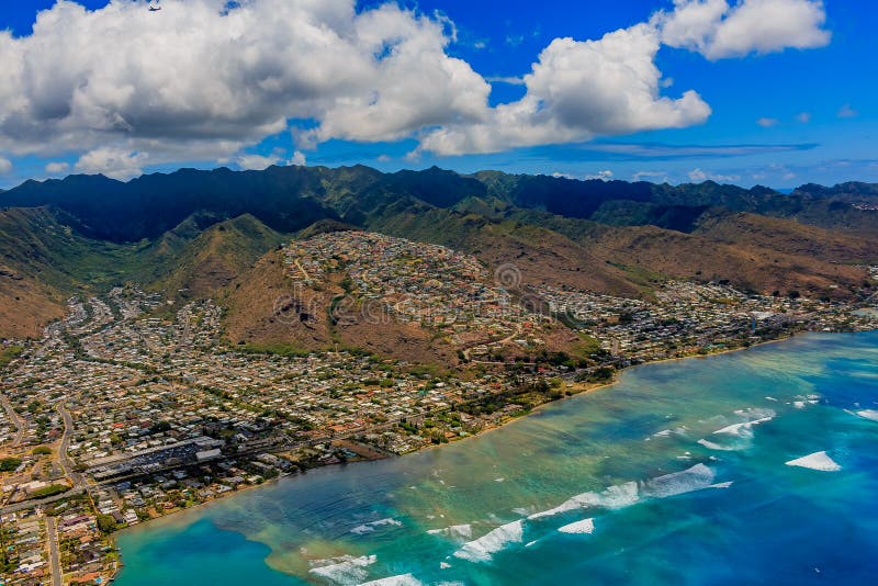 Aerial View Honolulu Coastline in Hawaii from a Helicopter Stock Photo ...