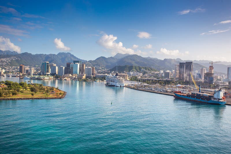 Aerial View of Honolulu Harbor with Cruise Ship Stock Photo - Image of ...