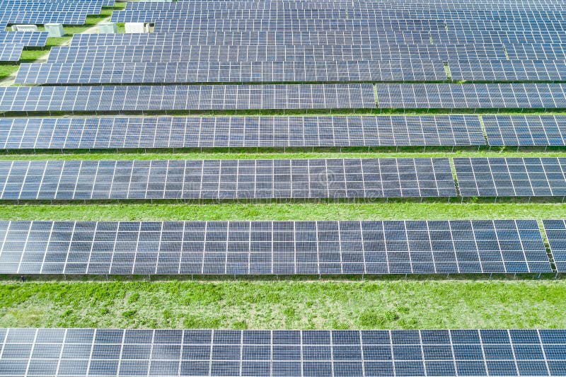 Aerial View of Horizontal Solar Panel in the Field with Green Grass ...