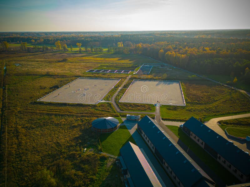 Aerial View of Horse Rider and Horse on Training Ground at Sunset Stock ...