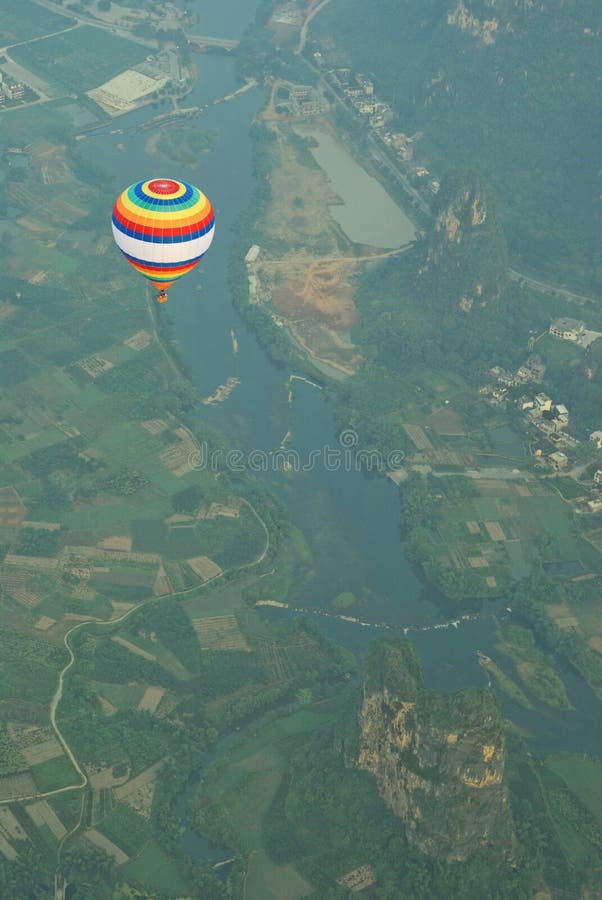 Aerial View of a Hot Air Balloon Flying Stock Image - Image of river ...