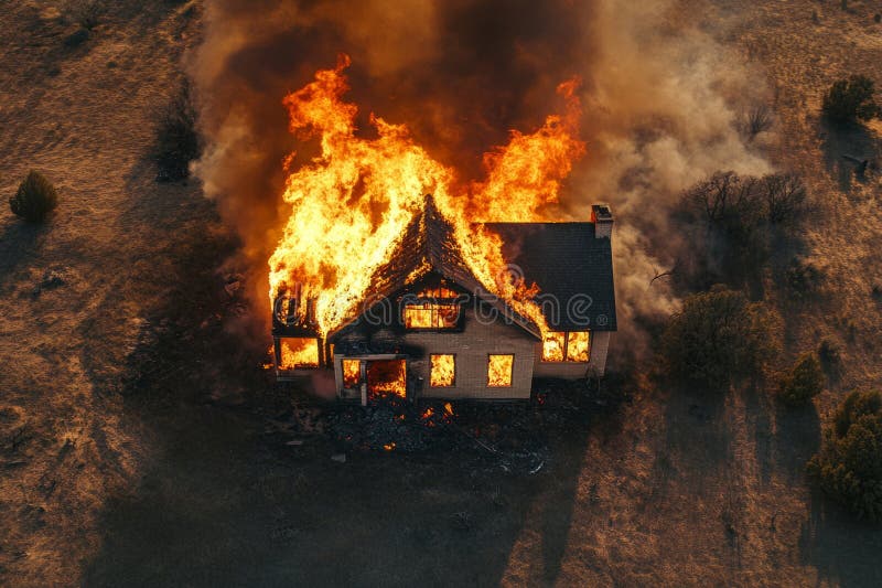 Aerial View of a House Completely Engulfed in Flames during a ...