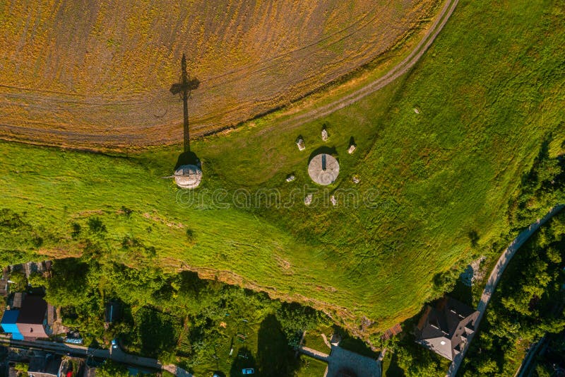 Aerial View of the Huge Cross Standing on Top of the Hill Stock Photo ...