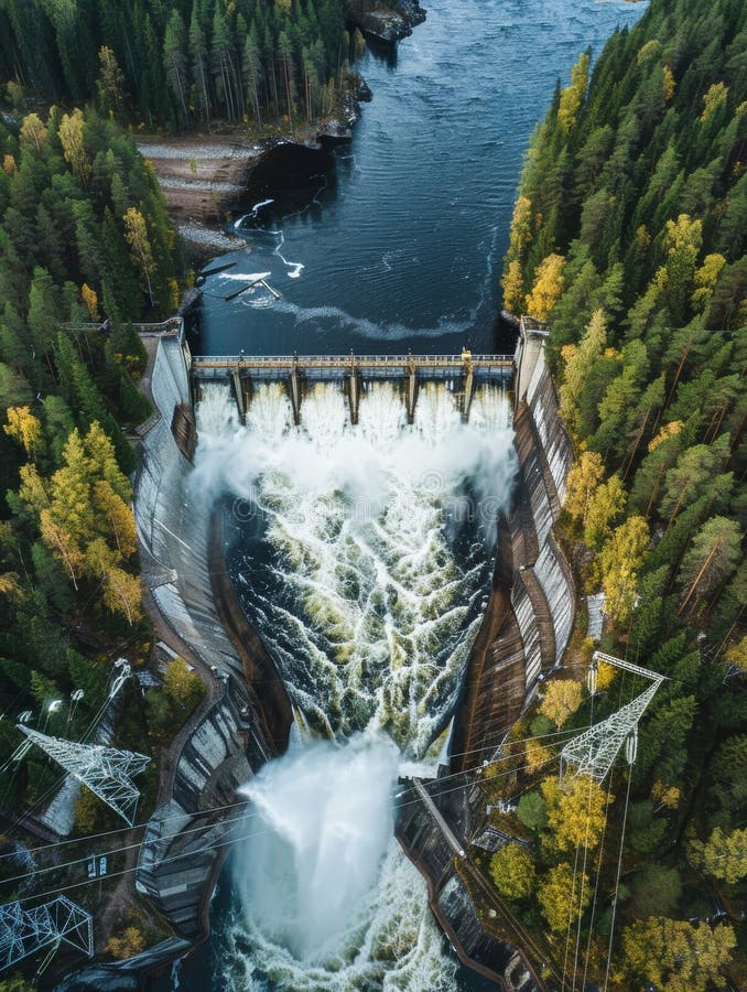 Aerial View of a Hydroelectric Dam Creating a Waterfall in a Lush Green ...