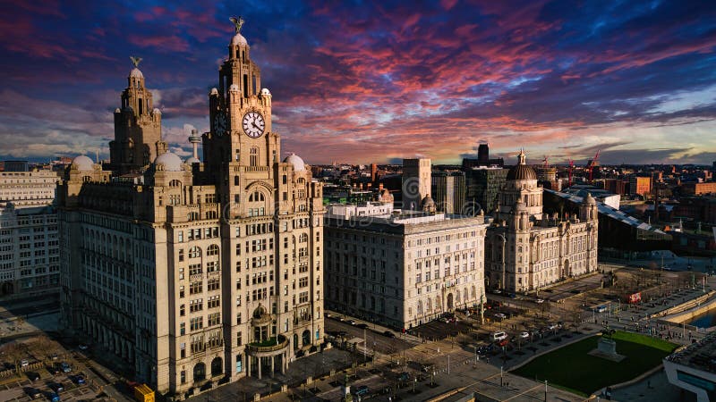 Aerial View of Iconic Liverpool Waterfront Buildings at Sunset with ...