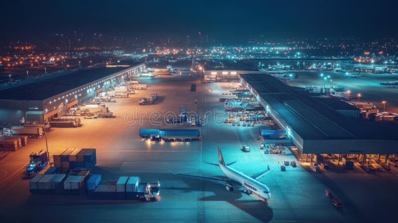 Aerial View of an Illuminated Airport at Night with Planes and Cargo ...