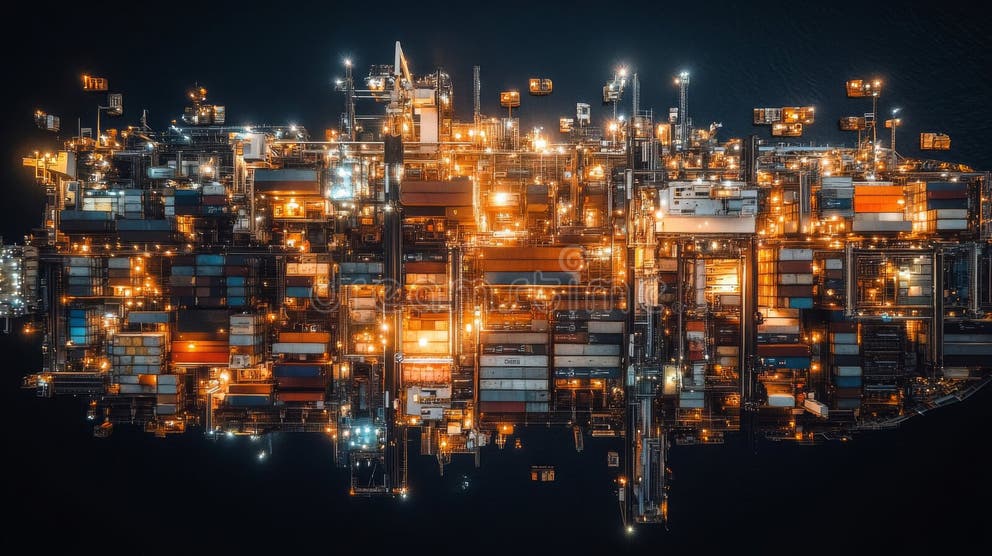 Aerial View of Illuminated Cargo Containers at Night Stock Illustration ...