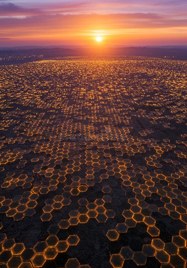 Aerial View of Illuminated City at Sunset with Hexagonal Pattern Stock ...