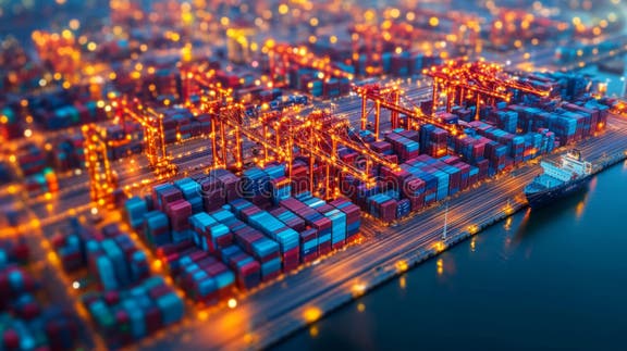 Aerial View of Illuminated Container Port at Night Stock Illustration ...