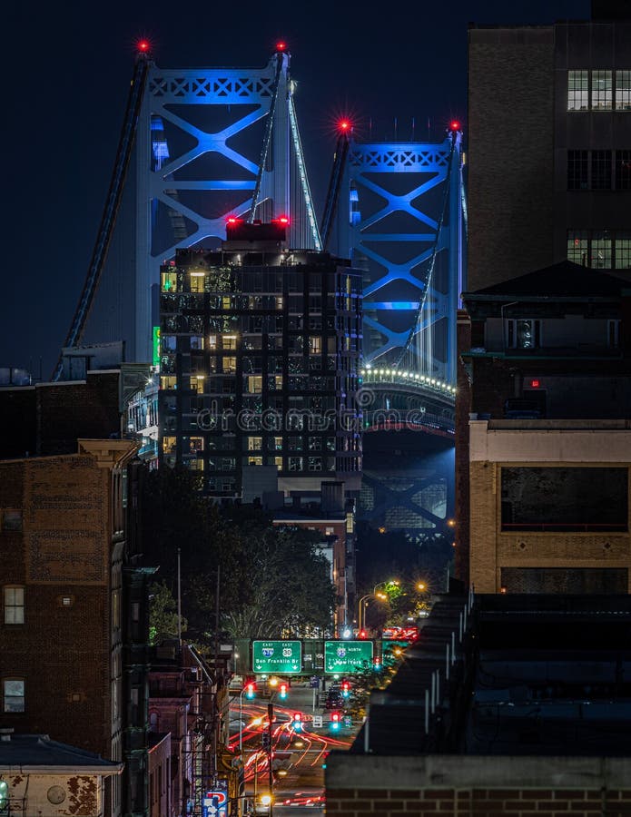Aerial View of Illuminated Downtown Pennsylvania and Benjamin Franklin ...