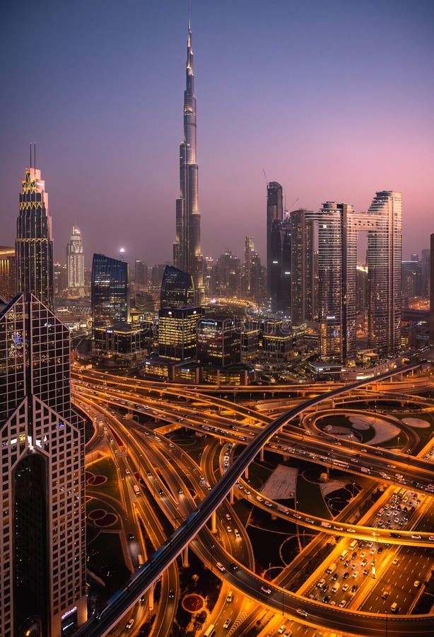 Aerial View of Illuminated Dubai at Night Stock Image - Image of bridge ...