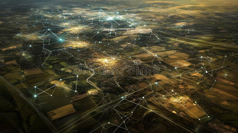 Aerial View of Illuminated Global Network at Night Stock Illustration ...