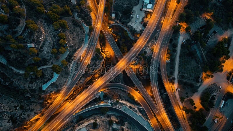 Aerial View of Illuminated Highway Interchanges Stock Photo - Image of ...