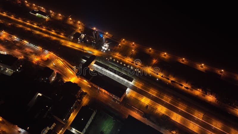 Aerial View of Illuminated Highway at Night Stock Photo - Image of road ...