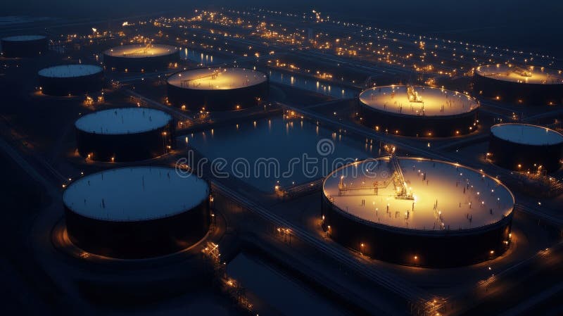 Aerial View of Illuminated Oil Storage Tanks at Night Stock ...