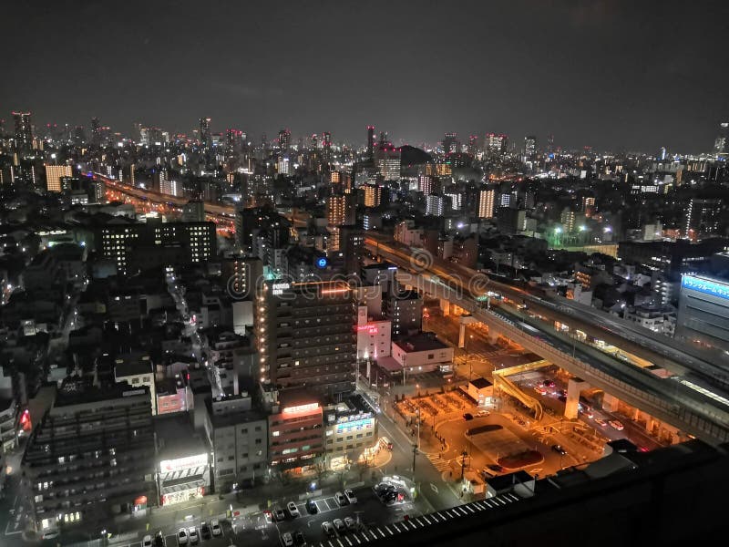 Aerial View of the Illuminated Osaka Skyline at Night Editorial ...