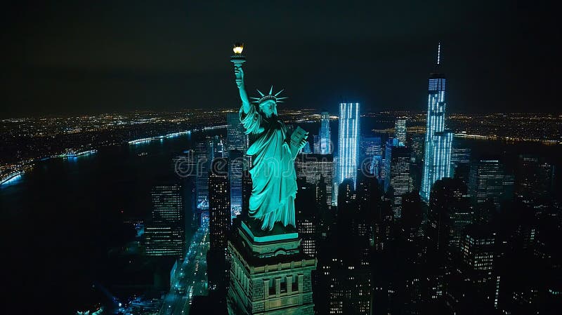 Aerial View of the Illuminated Statue of Liberty on the Night Stock ...