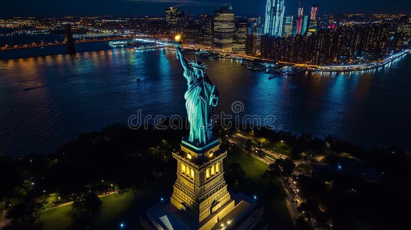 Aerial View of the Illuminated Statue of Liberty on the Night Stock ...