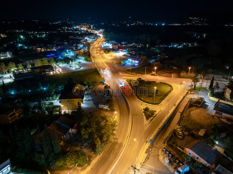 Aerial View of Illuminated Town Roads at Night Stock Image - Image of ...
