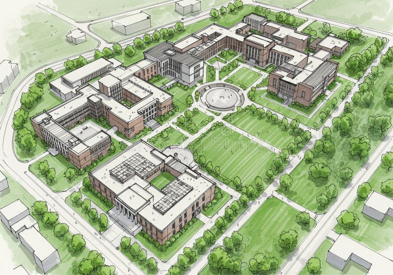 Aerial View Illustration of a University Campus Layout. the Design ...
