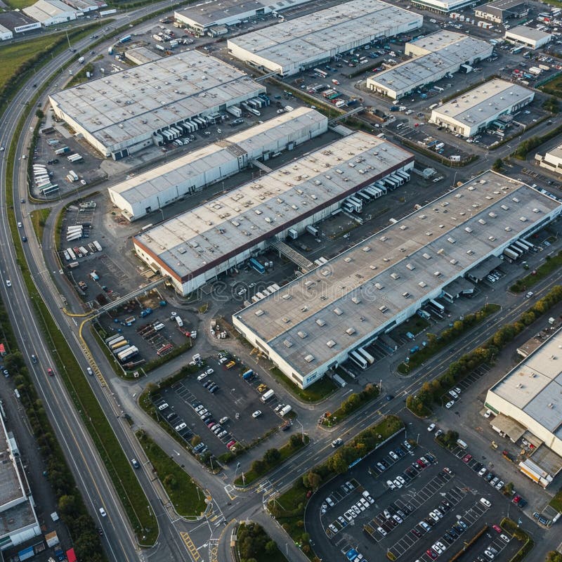 Aerial View of an Industrial Area with Multiple Large Warehouses ...