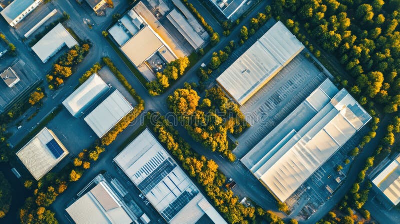 Aerial View of Industrial Buildings Surrounded by Trees Stock ...