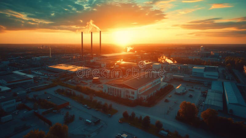 Aerial View of Industrial City at Sunset Stock Illustration ...