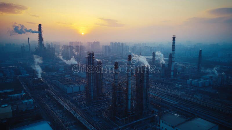 Aerial View of an Industrial City at Sunset with Smog Stock ...