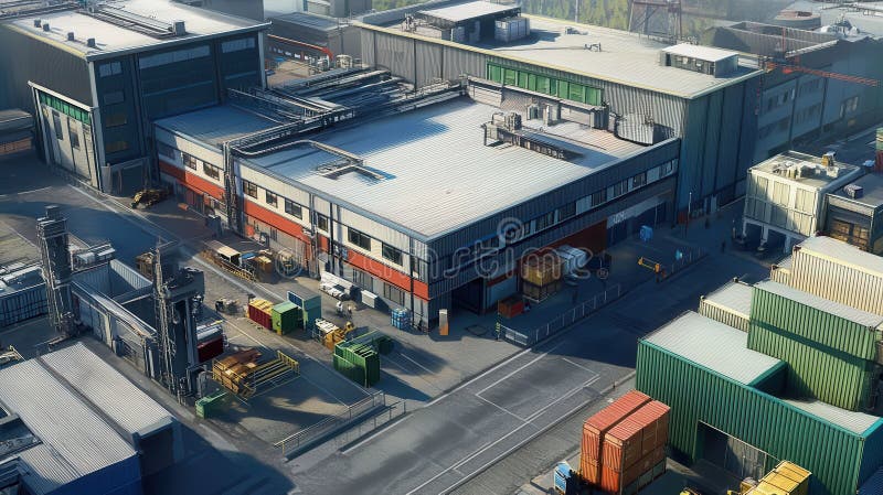 Aerial View of an Industrial Complex with Buildings, Storage Containers ...