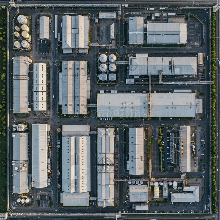 Aerial View of an Industrial Complex with Multiple Large, Rectangular ...