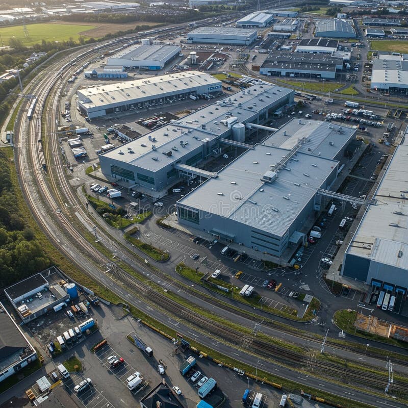 Aerial View of an Industrial Complex with Multiple Large Warehouses ...