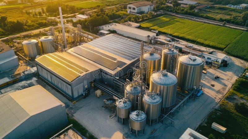 Aerial View of an Industrial Facility with Large Silos and Surrounding ...